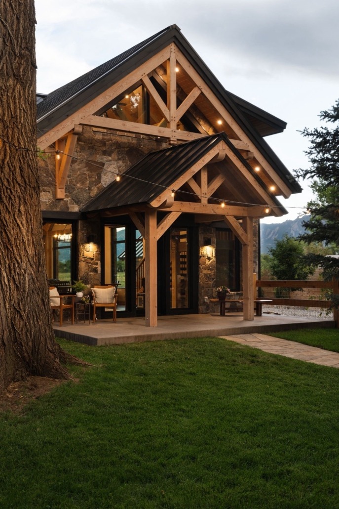 Flatirons Farmette-Exterior-Twilight-North-Elevation-3 - Colorado Timberframe