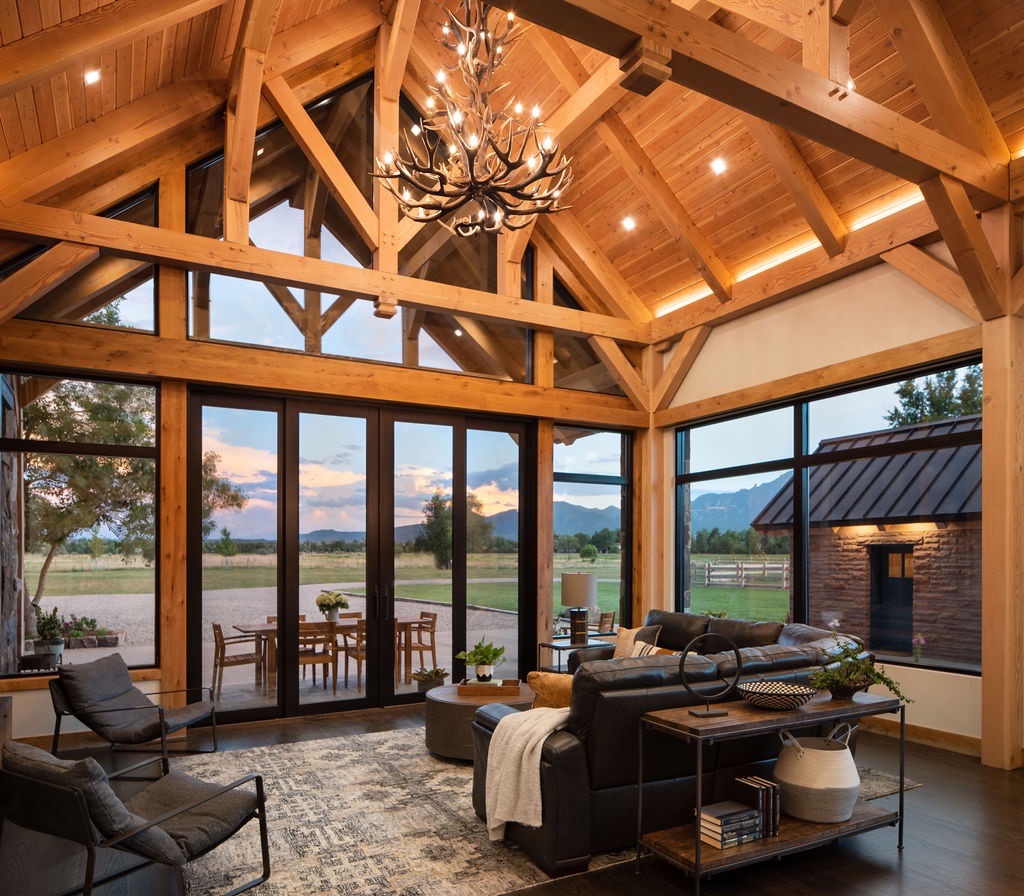 Flatirons Farmette-Great-Room-Twilight - Colorado Timberframe